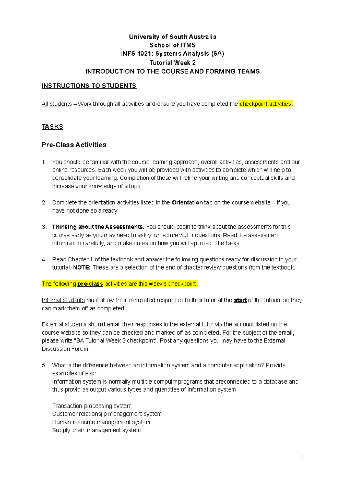 SA Tutorial Week 02 - Introduction to the Course - University of South Australia School of ITMS ...