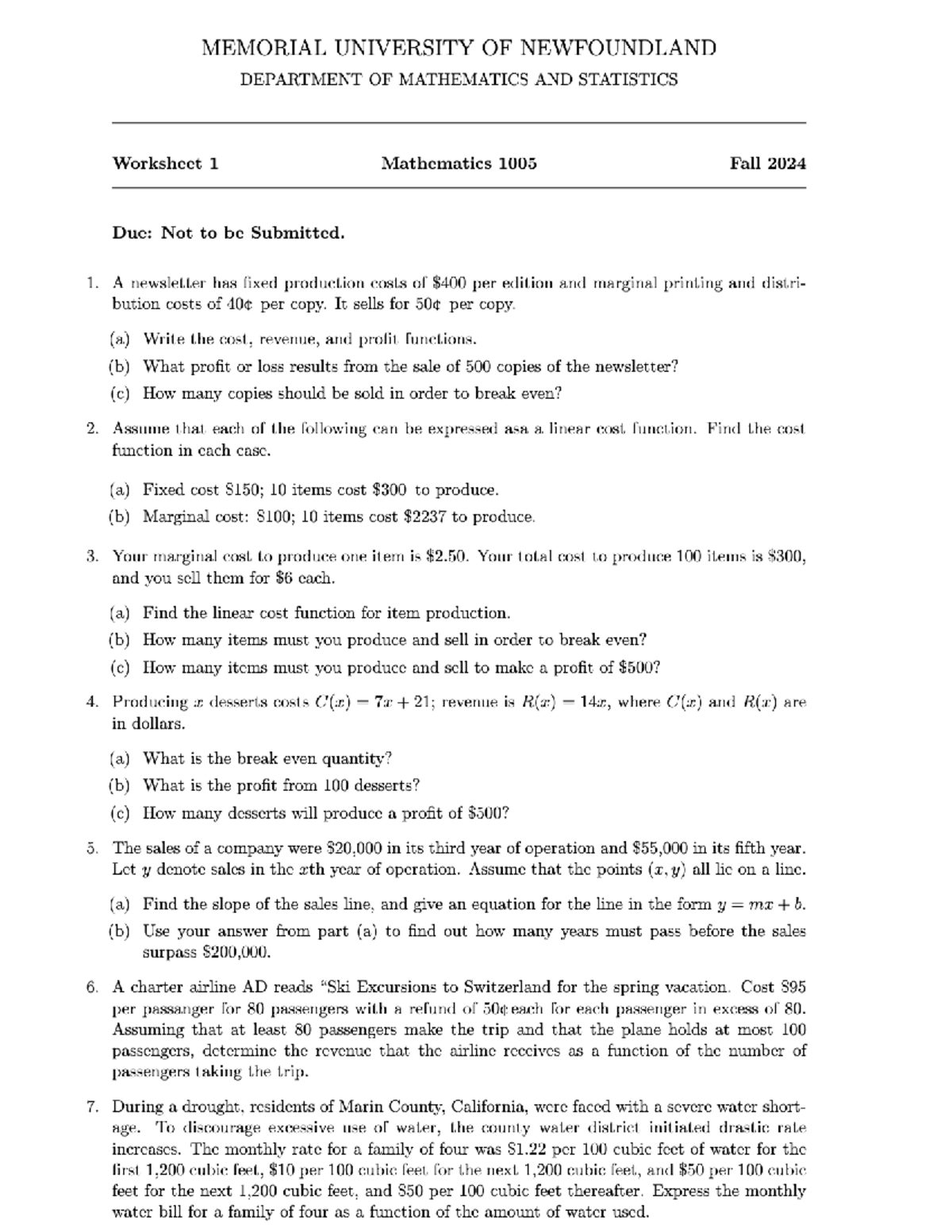 Worksheet 1F24 - MATH-1005-001 (Calculus for Business 41497) - MEMORIAL ...