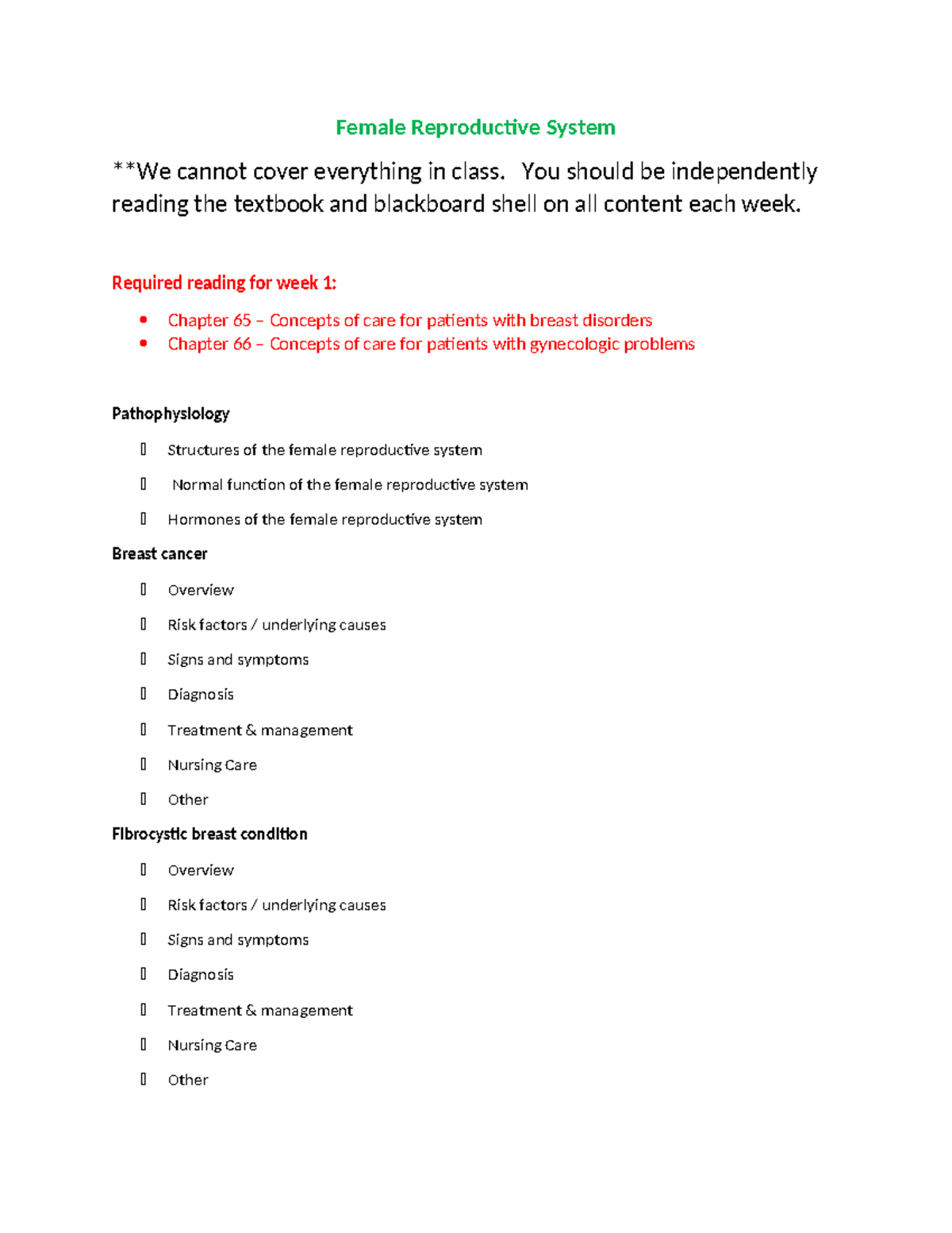 Module 1 outline - Female Reproductive System **We cannot cover ...