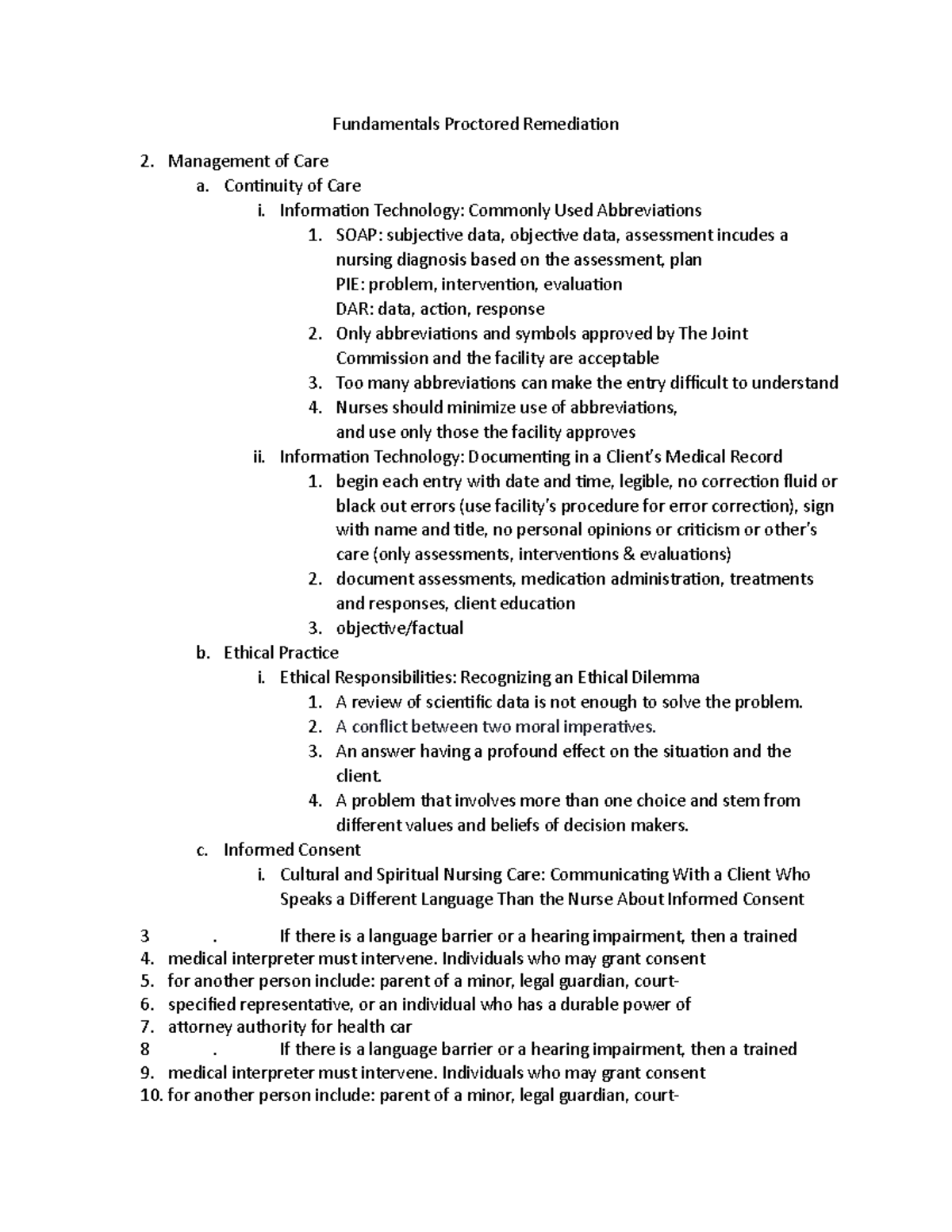 Proctored Remediation for ATI Fundamentals - Fundamentals Proctored Remediation 2. Management of ...