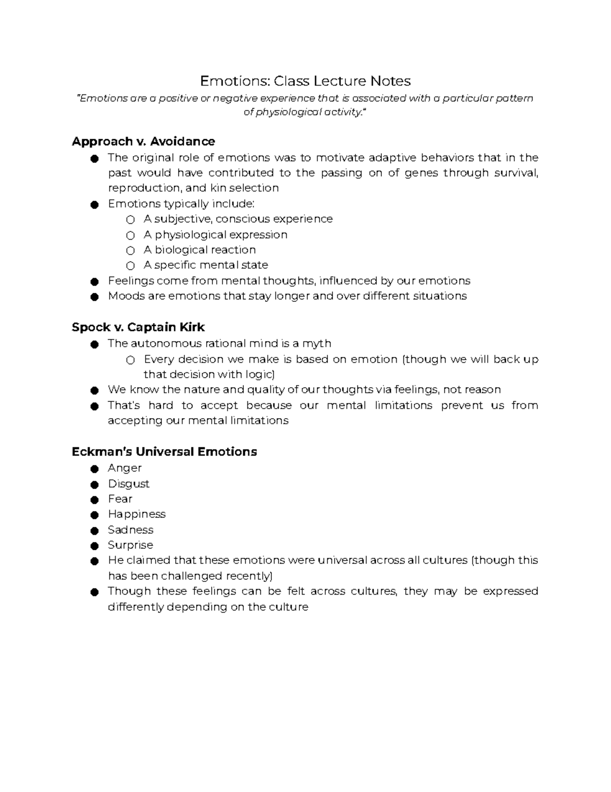 Emotions Class Lecture Notes - Emotions: Class Lecture Notes “Emotions ...