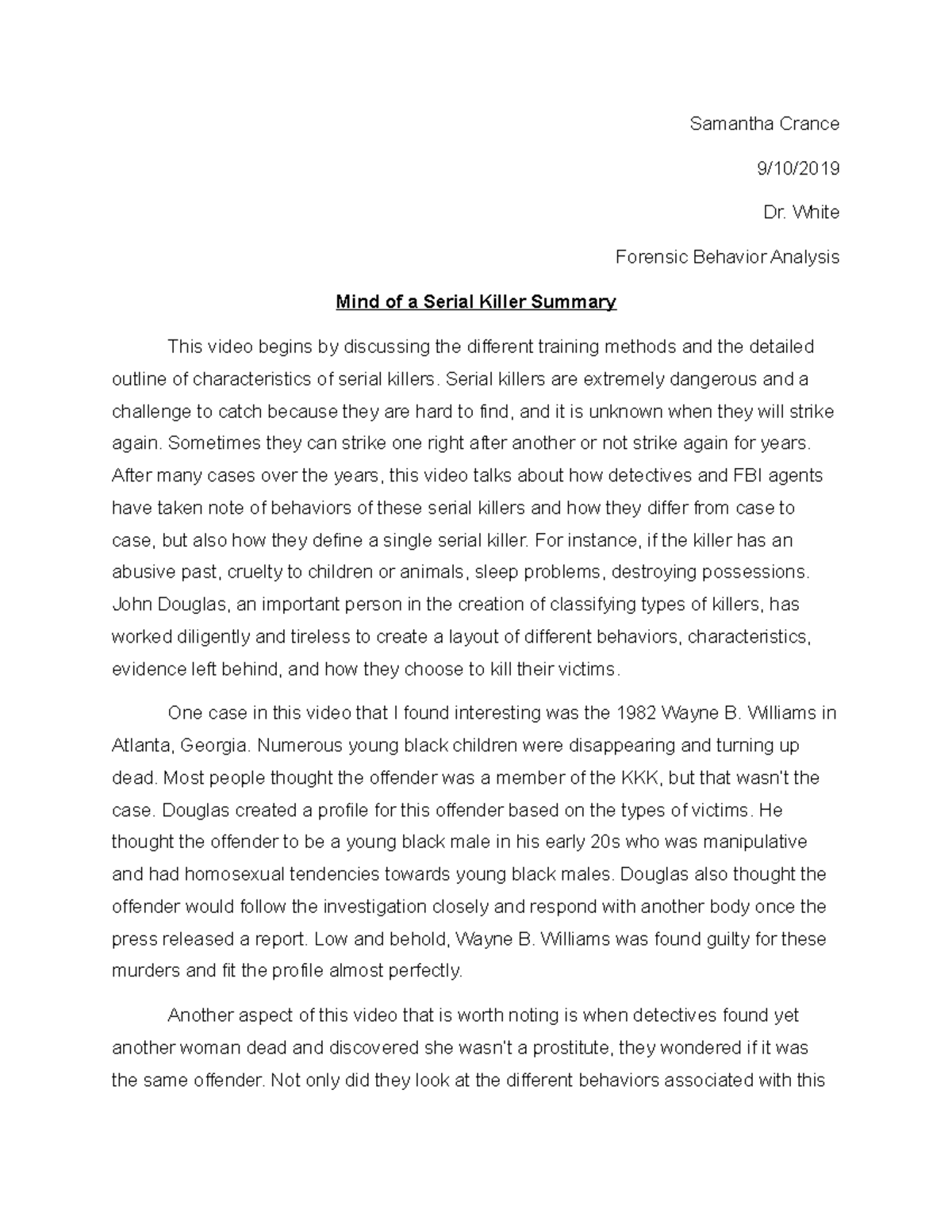 Mind of a Serial Killer summary - Samantha Crance 9/10/ Dr. White ...