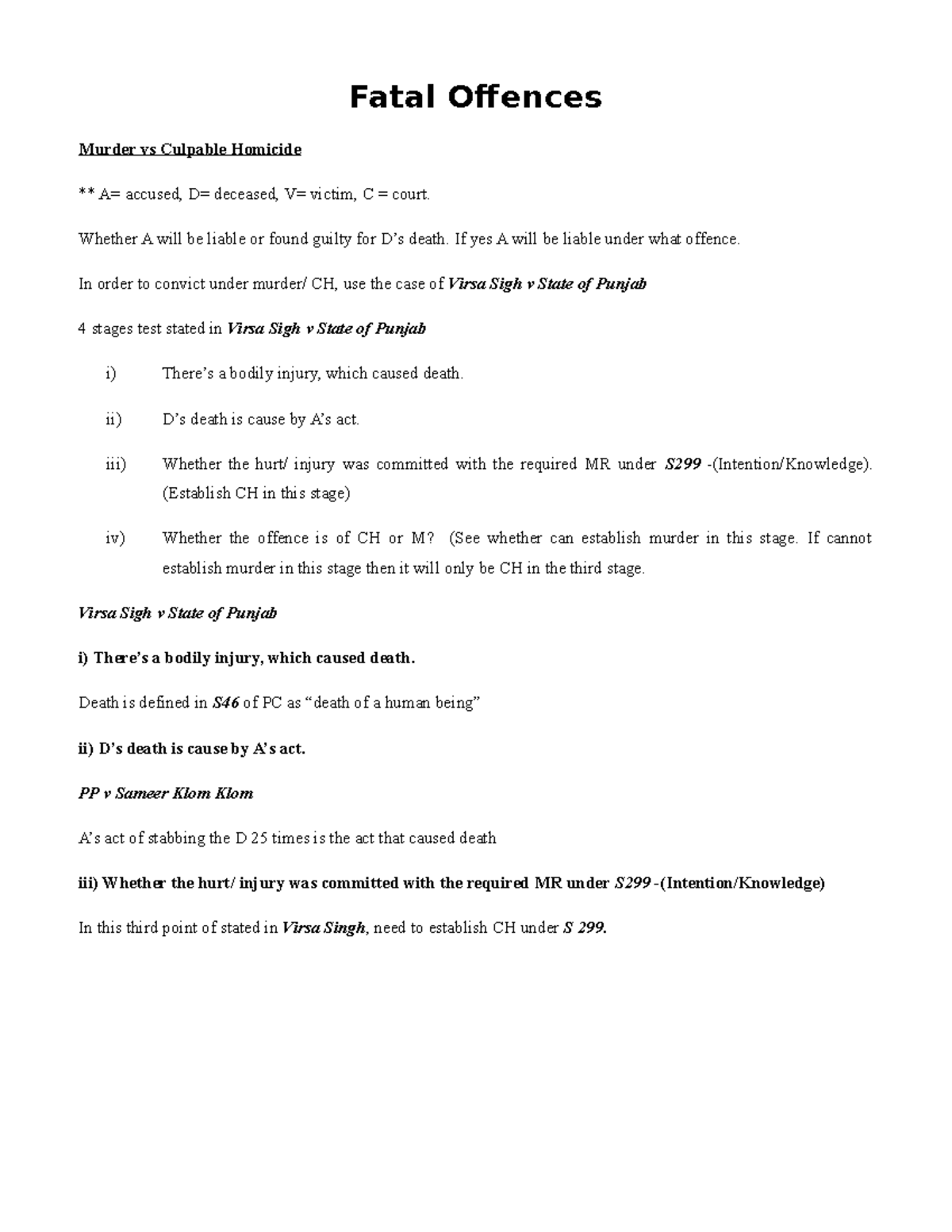 Notes on Fatal Offences - Fatal Offences Murder vs Culpable Homicide ...