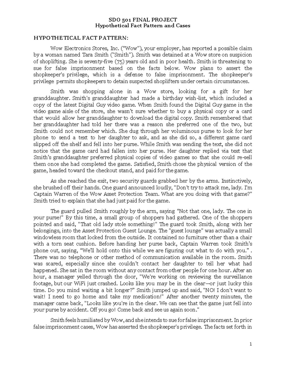 Final Project Packet - SDO 501 FINAL PROJECT Hypothetical Fact Pattern ...