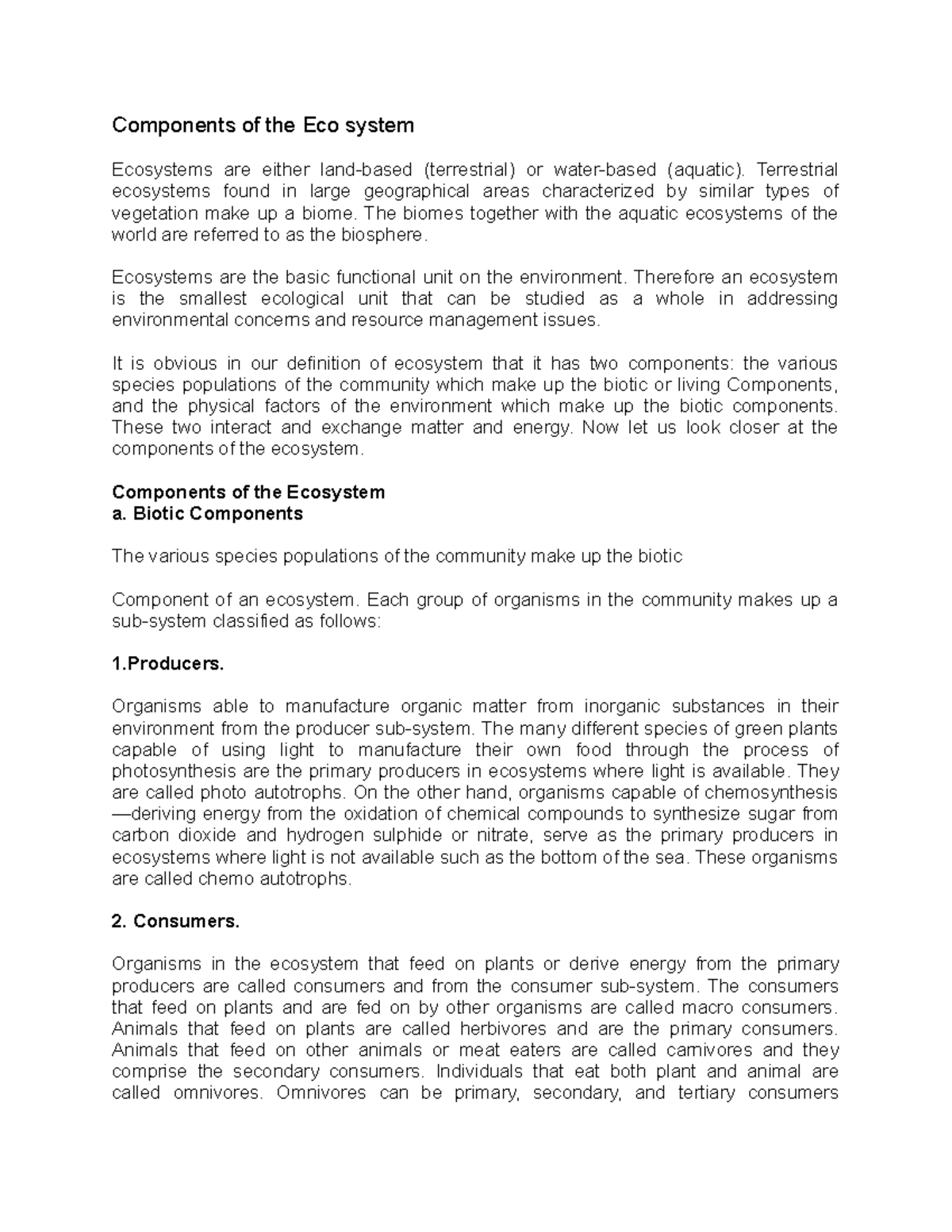 Components Of The Ecosystem Components Of The Eco System Ecosystems Are Either Land Based