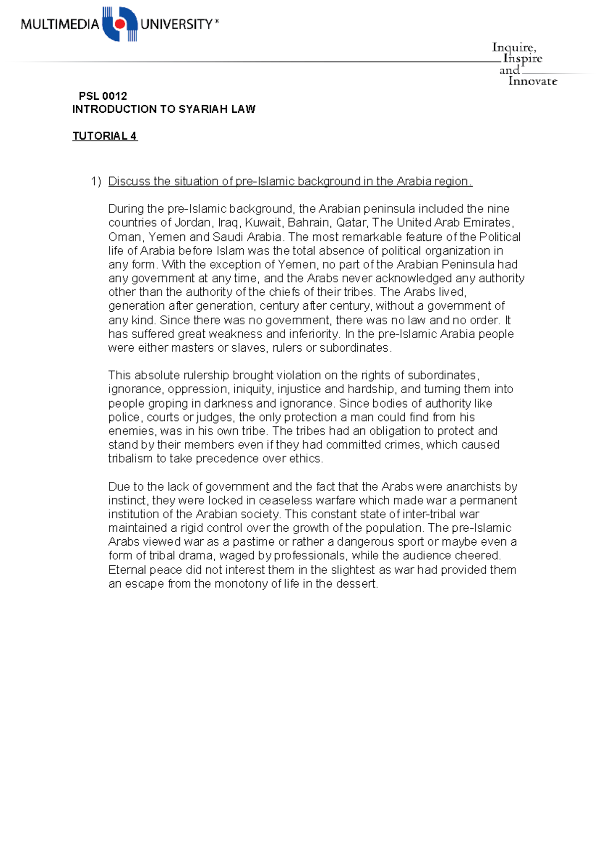 Tutorial 4 - Syariah Law - PSL 0012 INTRODUCTION TO SYARIAH LAW ...