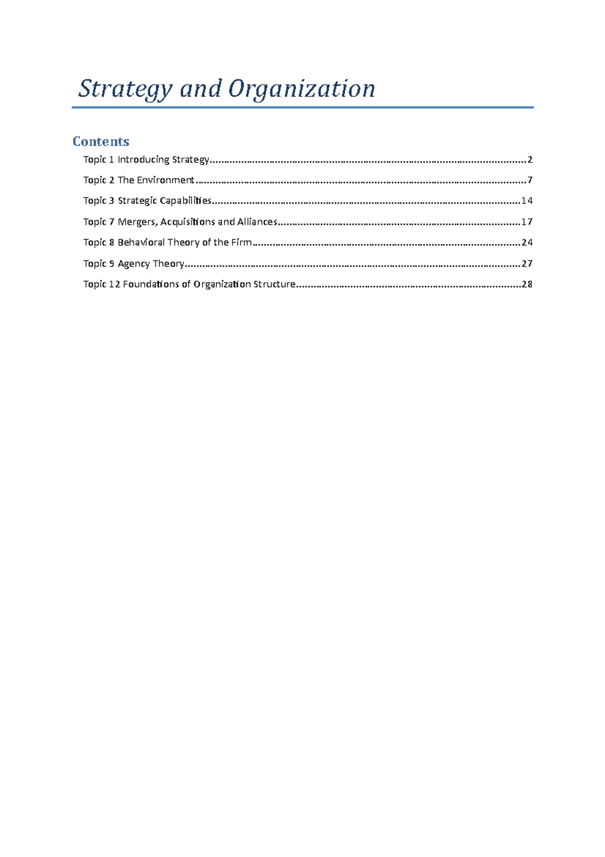 Strategy and Organization Summary - Strategy and Organization Topic 1 ...