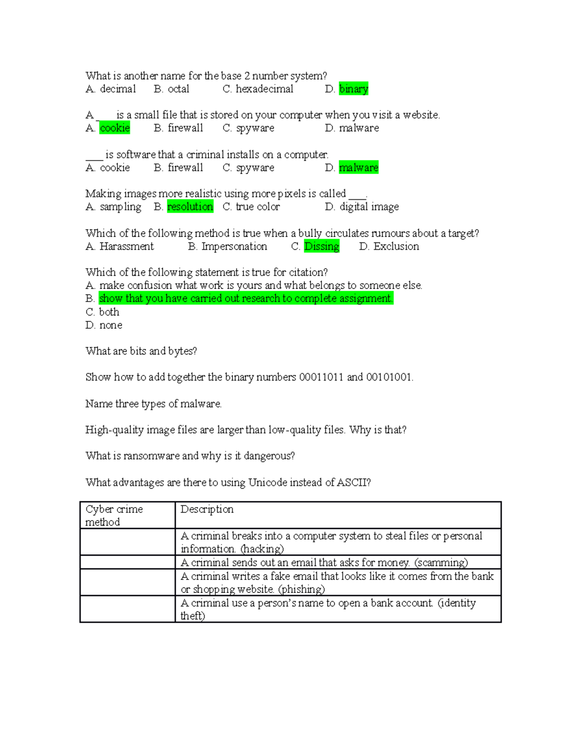 Yr7Quest What Is Another Name For The Base 2 Number System A