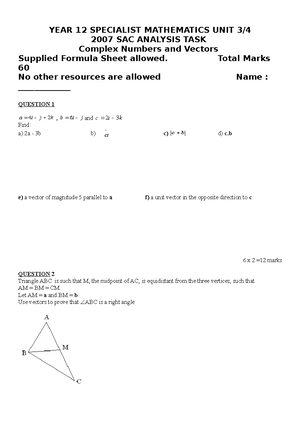 Specialist Maths Units 3& 4 - Units 3&4 Specialist Mathematics TRANSITION : CHAPTER 1 – - Studocu