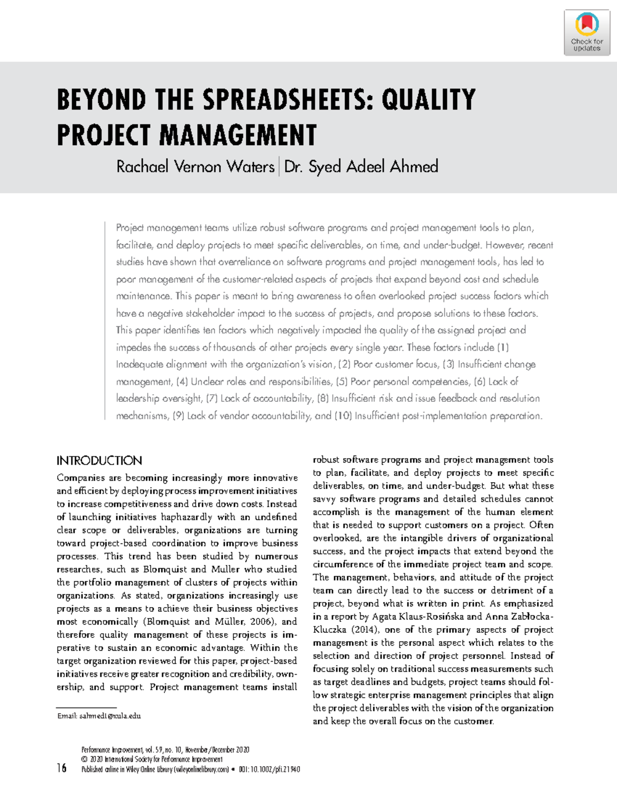 Beyond the Spreadsheets Quality Project - BEYOND THE SPREADSHEETS: QUALITY PROJECT MANAGEMENT ...