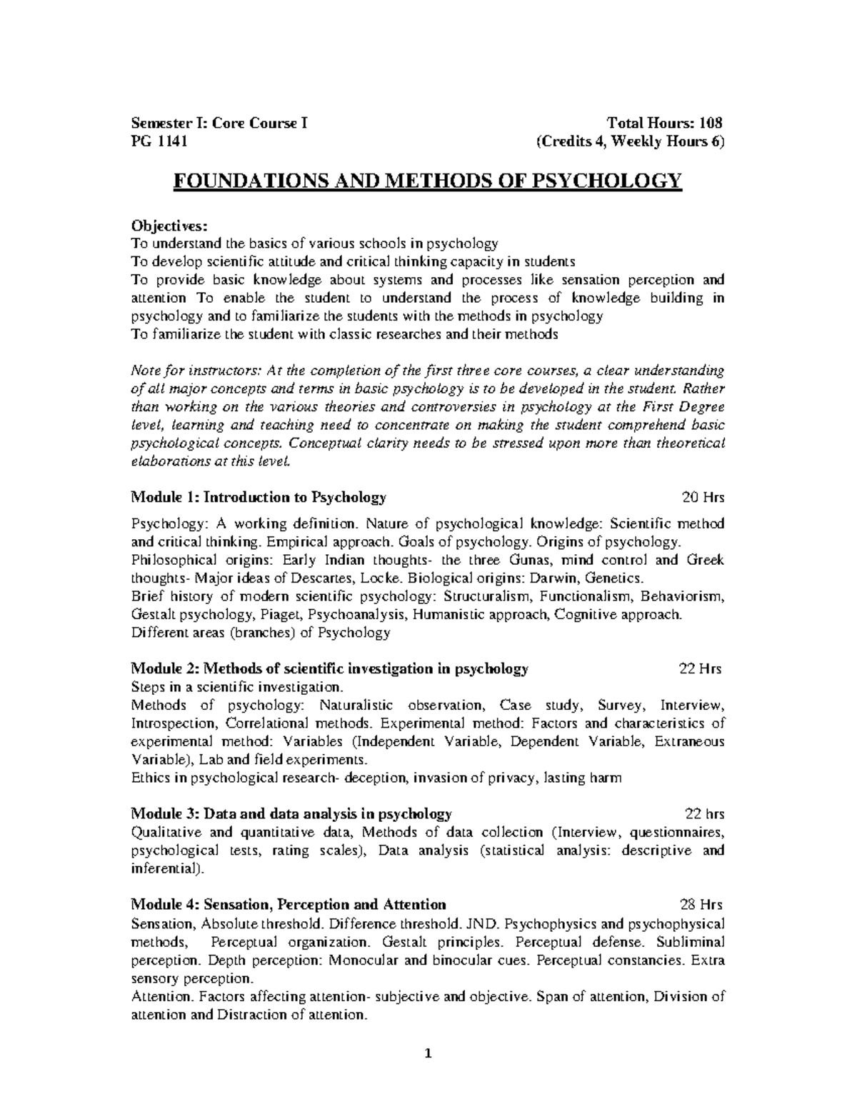 Psychology note1234 - Semester I: Core Course I Total Hours: 108 PG ...