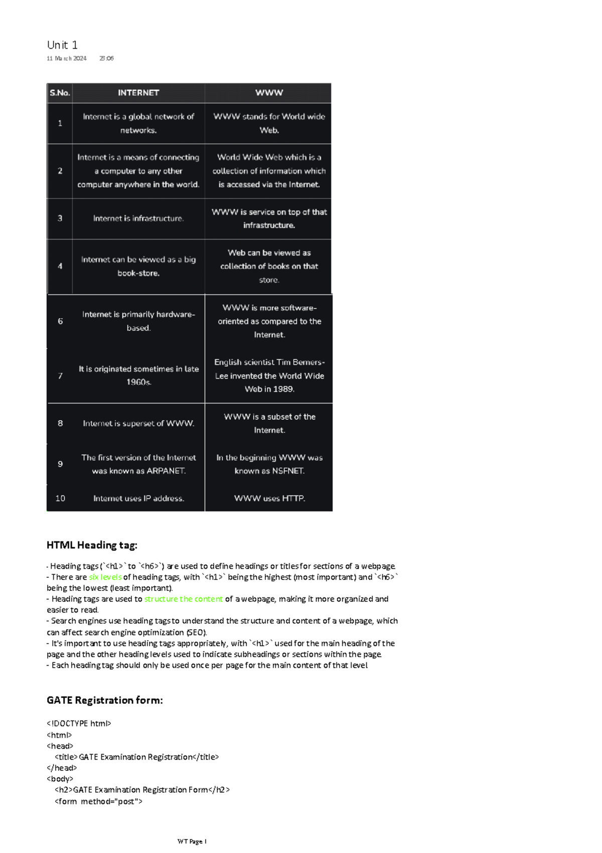 Web Technology, Unit - 1 - HTML Heading tag: - Heading tags ( to - Studocu