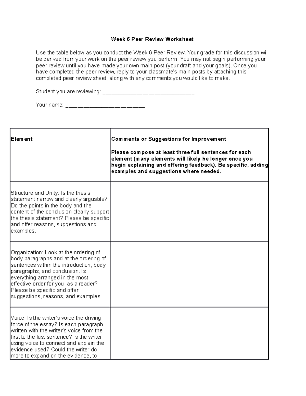 ENGL147 Week 6 Peer Review Sheet - Week 6 Peer Review Worksheet Use the ...