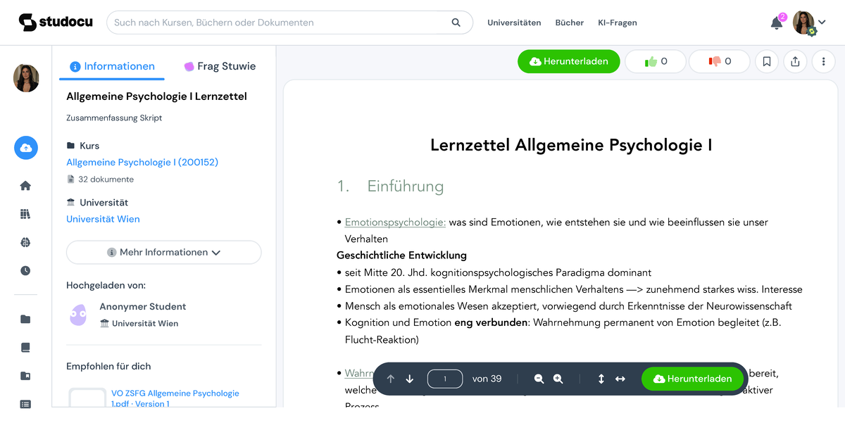 Allgemeine Psychologie I Lernzettel - Lernzettel Allgemeine Psychologie I 1. Einführung ...