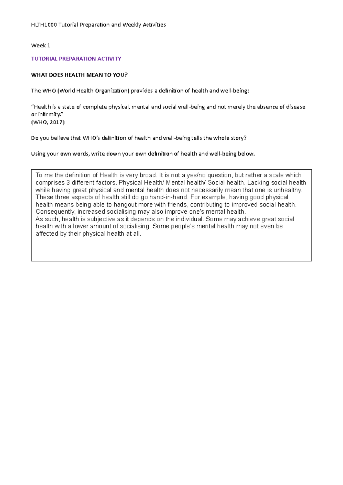 Weekly 1 tutorial preparation and weekly activities - HLTH1000 Tutorial ...