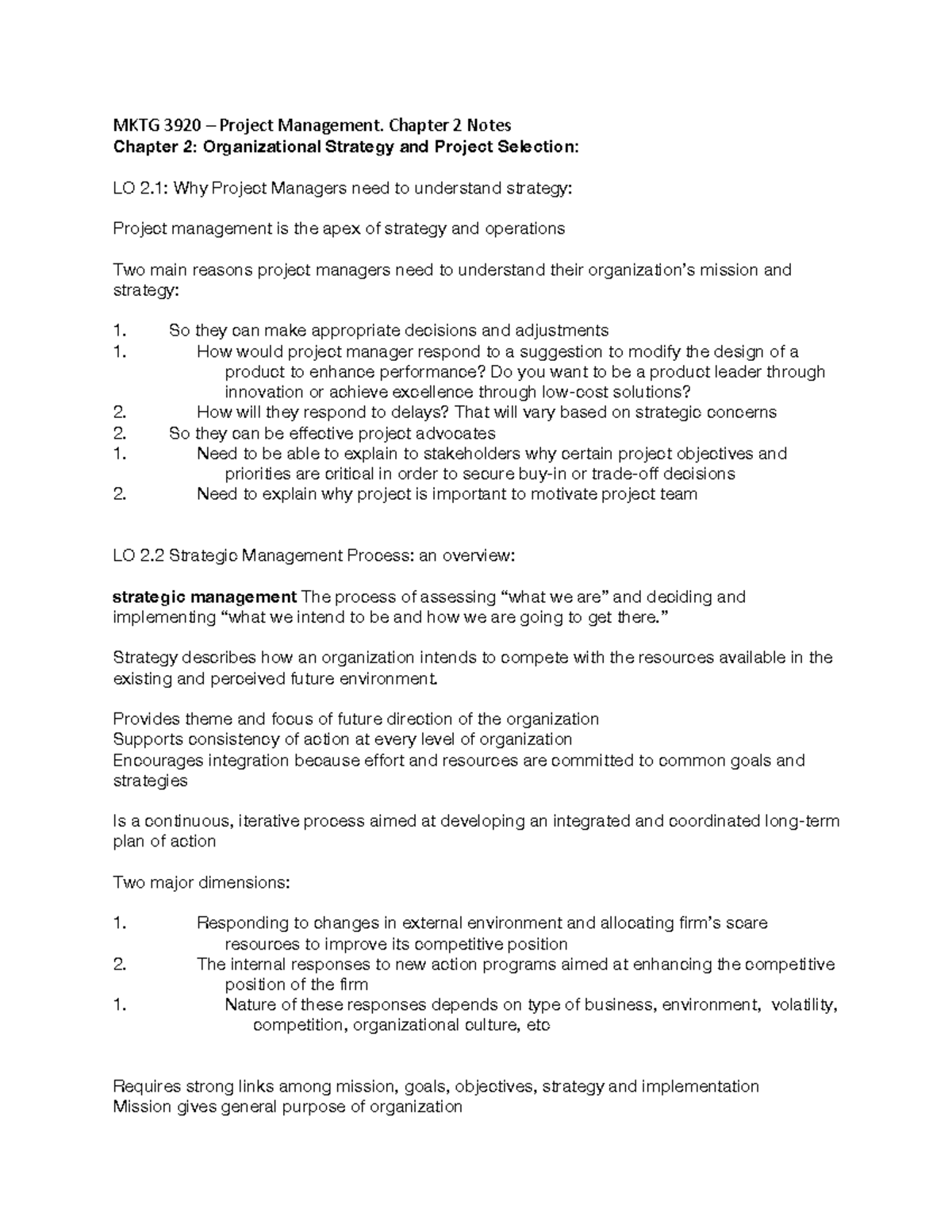 MKTG 3920 - Ch 2 - Project Management Notes - MKTG 3920 3 Project ...