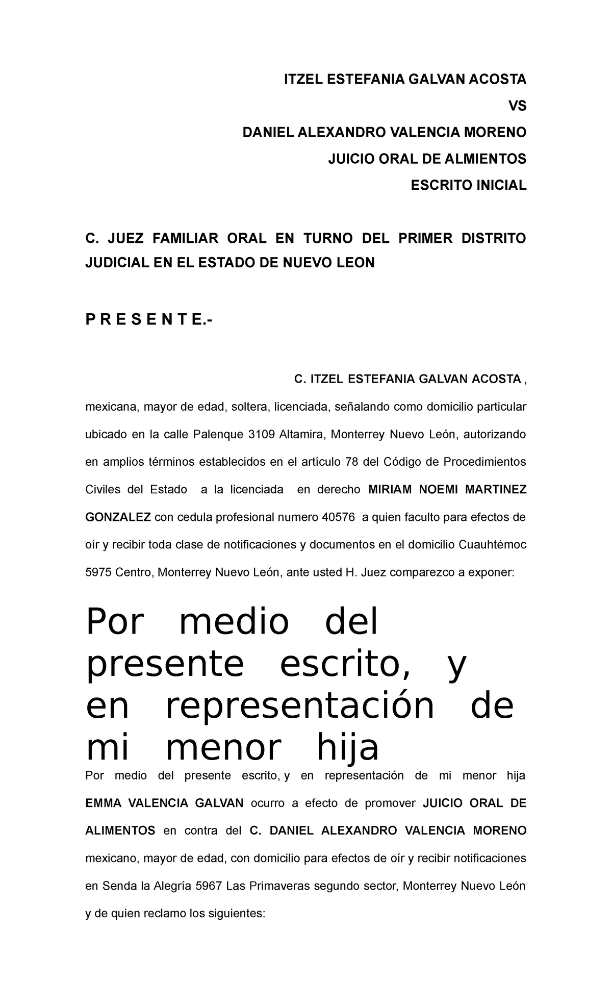 Juicio ORAL DE Alimentos - ####### ITZEL ESTEFANIA GALVAN ACOSTA ...