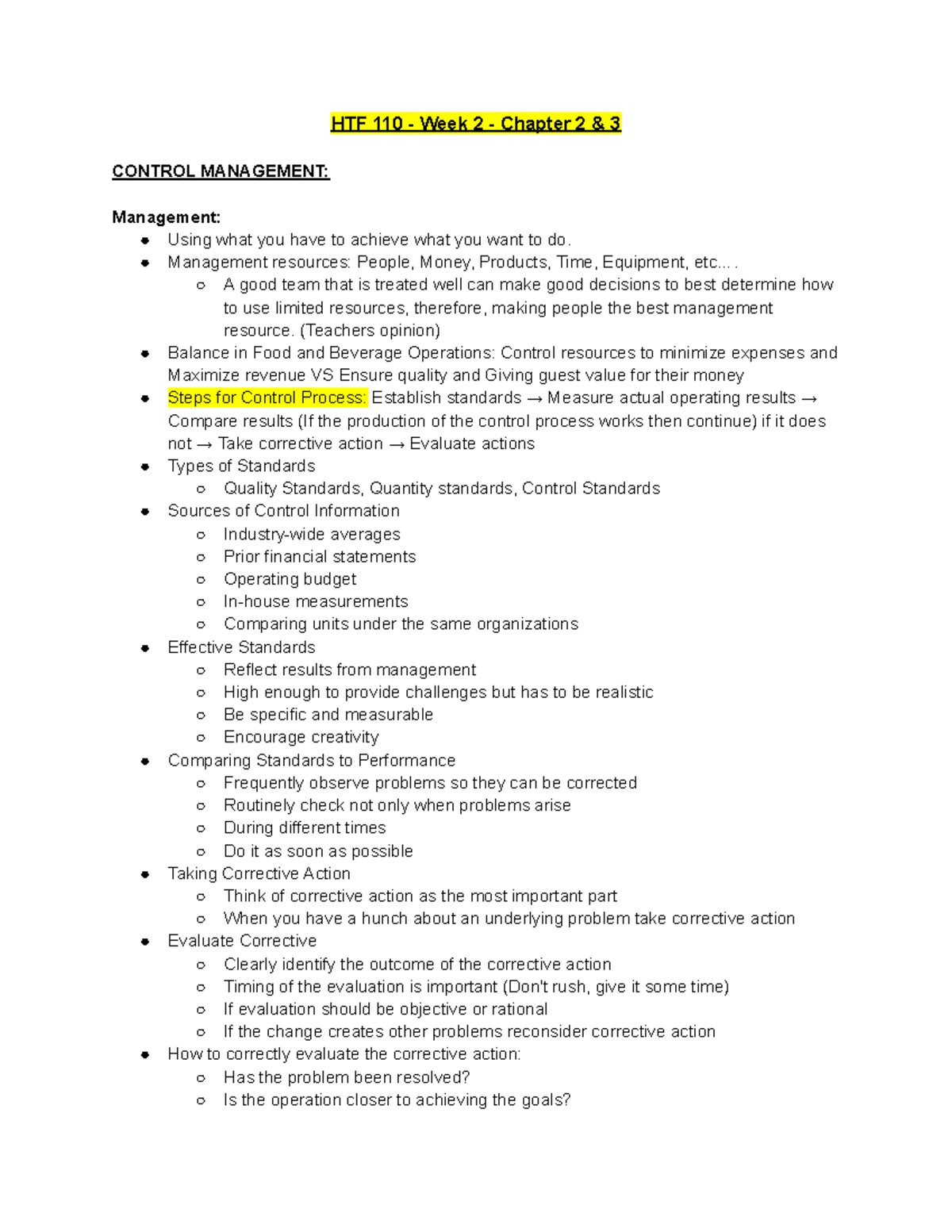HTF 100 - Notes - HTF 110 - Week 2 - Chapter 2 & 3 CONTROL MANAGEMENT ...