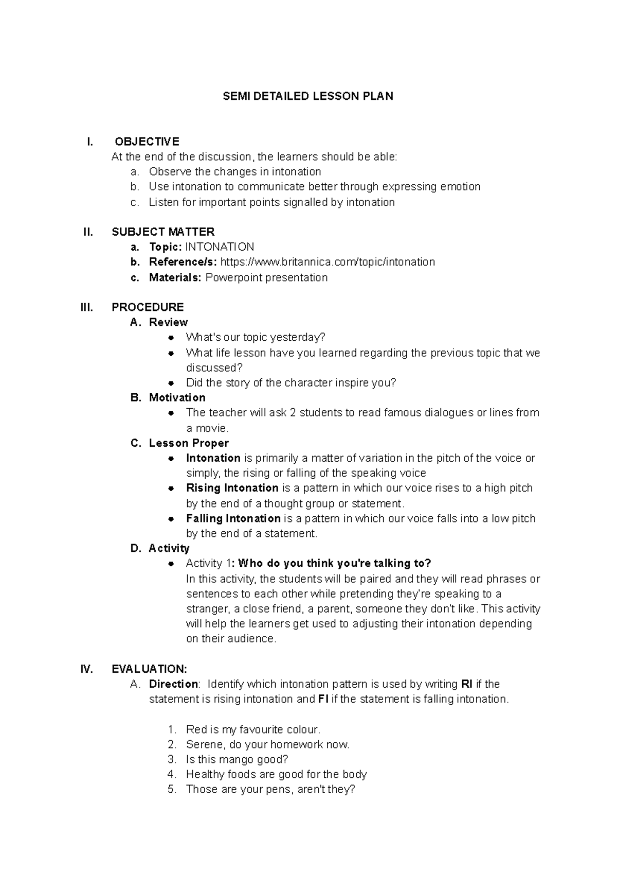 SSJT_INTONATION_LP - SEMI DETAILED LESSON PLAN I. OBJECTIVE At the end ...