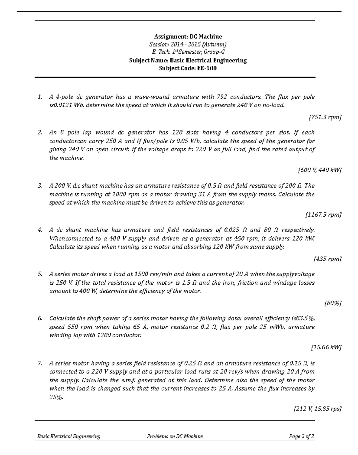Problems on DC machine - Lecture Notes - Assignment: DC Machine Session ...