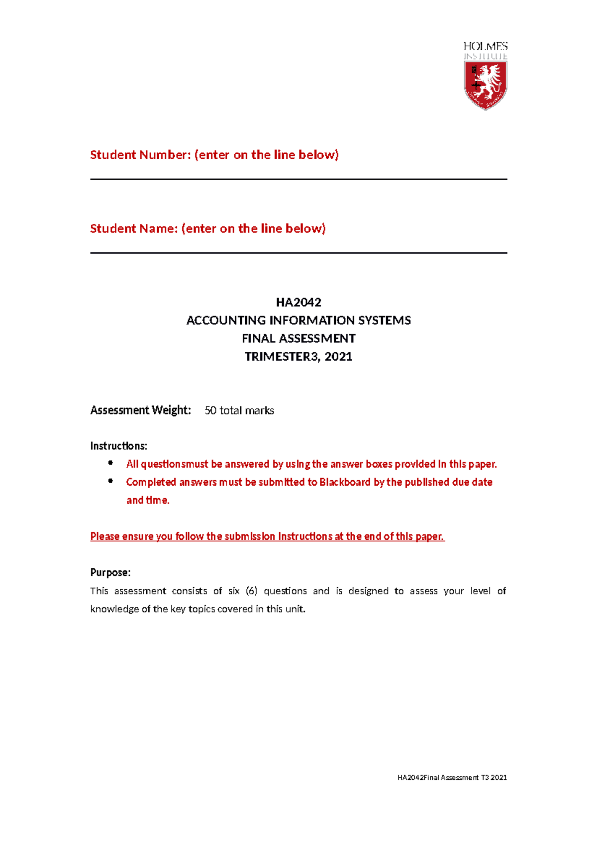 HA2042 Final Assessment T3 20211 1 1 1 - Student Number: (enter on the line below) Student Name ...