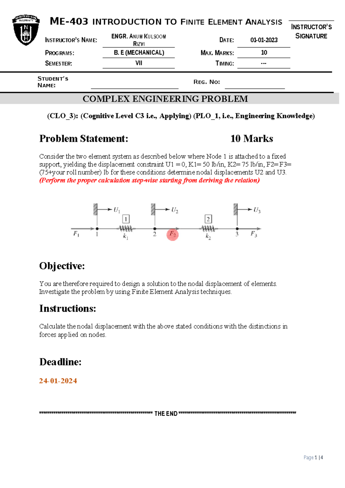 CEP FEA - INSTRUCTOR’S SIGNATURE ME-403 INTRODUCTION TO FINITE ELEMENT ...