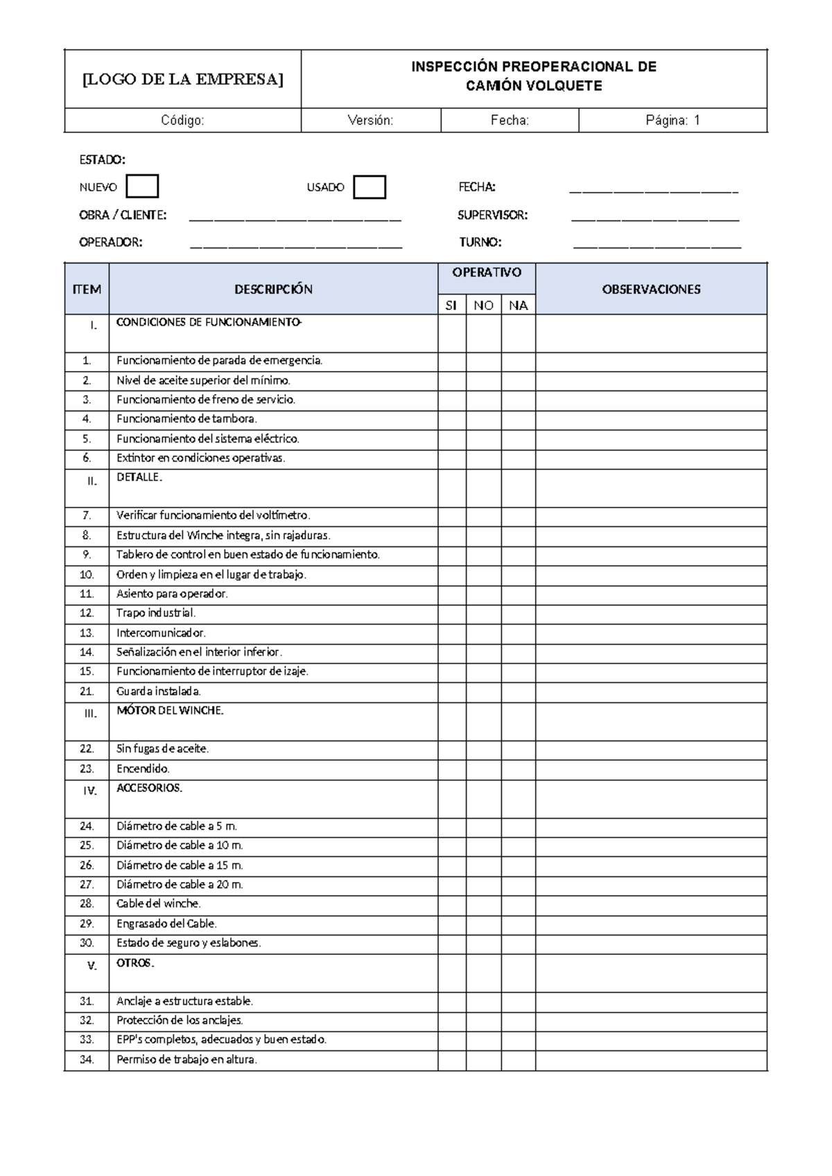Checklist de Winche Electrico - [LOGO DE LA EMPRESA] INSPECCIÓN ...