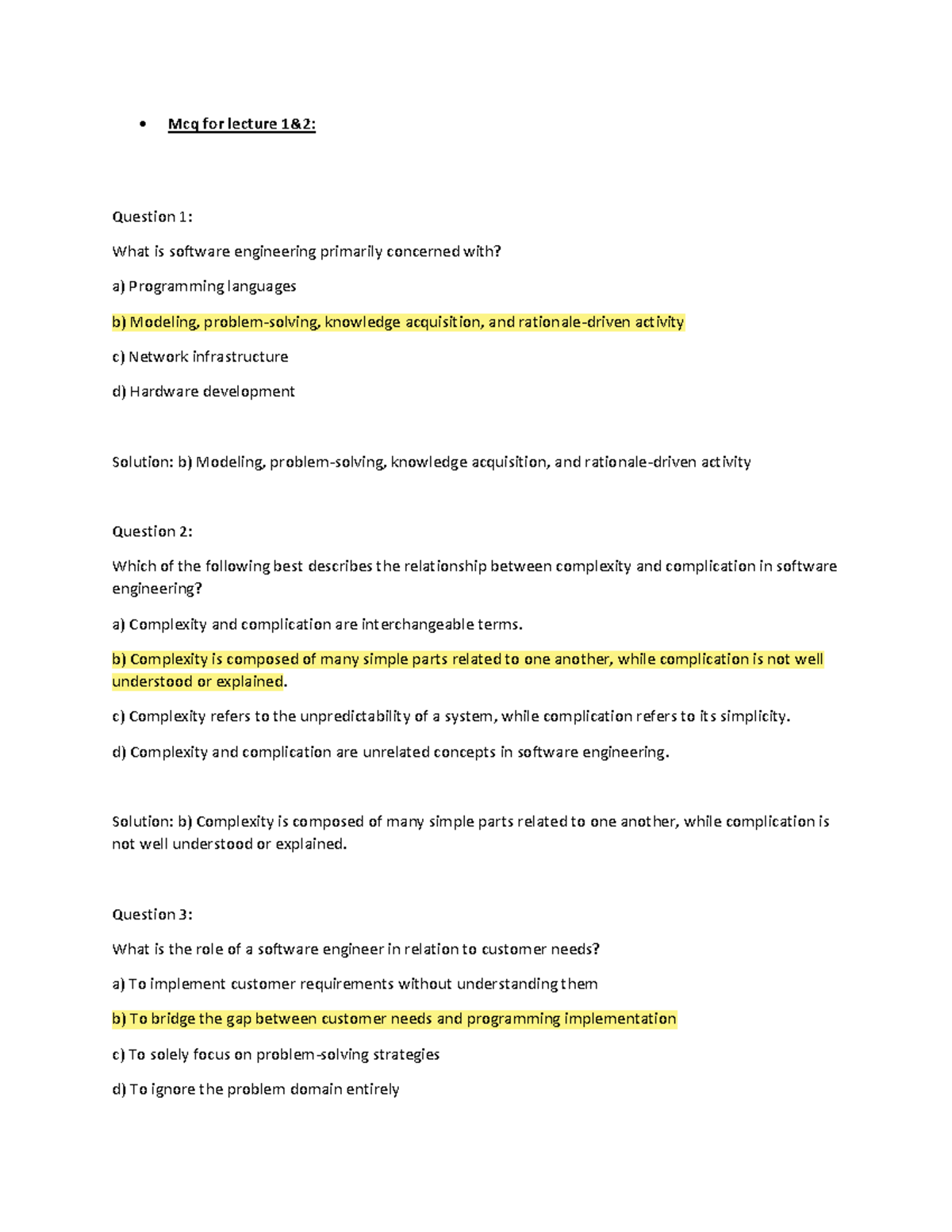 MCQ for software engineering - Mcq for lecture 1&2: Question 1: What is ...