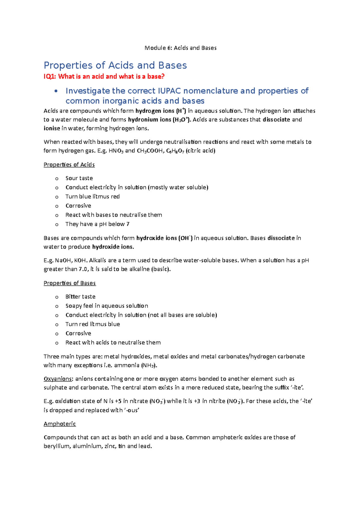 Module 6 Acid Base Reactions - Module 6: Acids and Bases Properties of ...