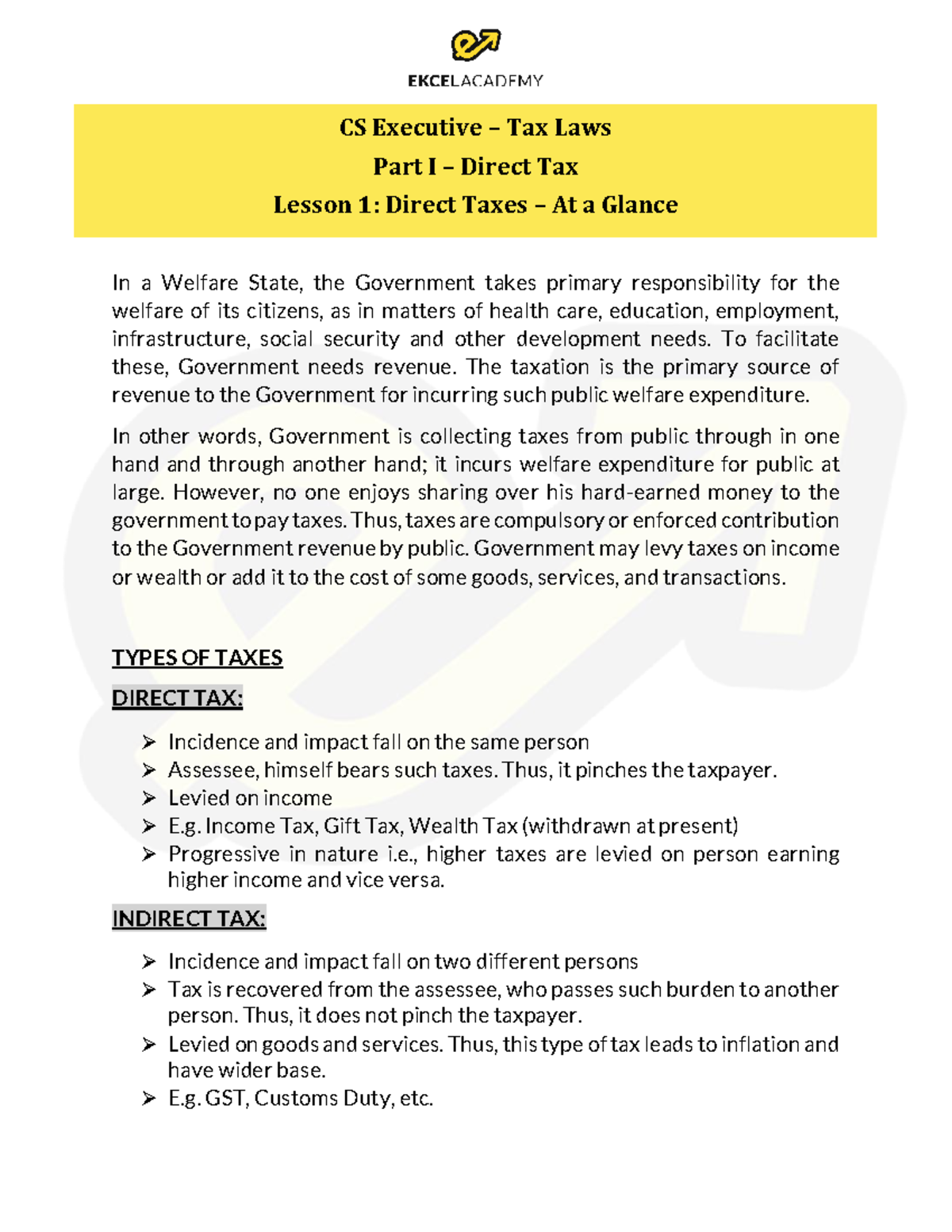DT Lesson 1 Direct Taxes At a Glance - CS Executive – Tax Laws Part I ...