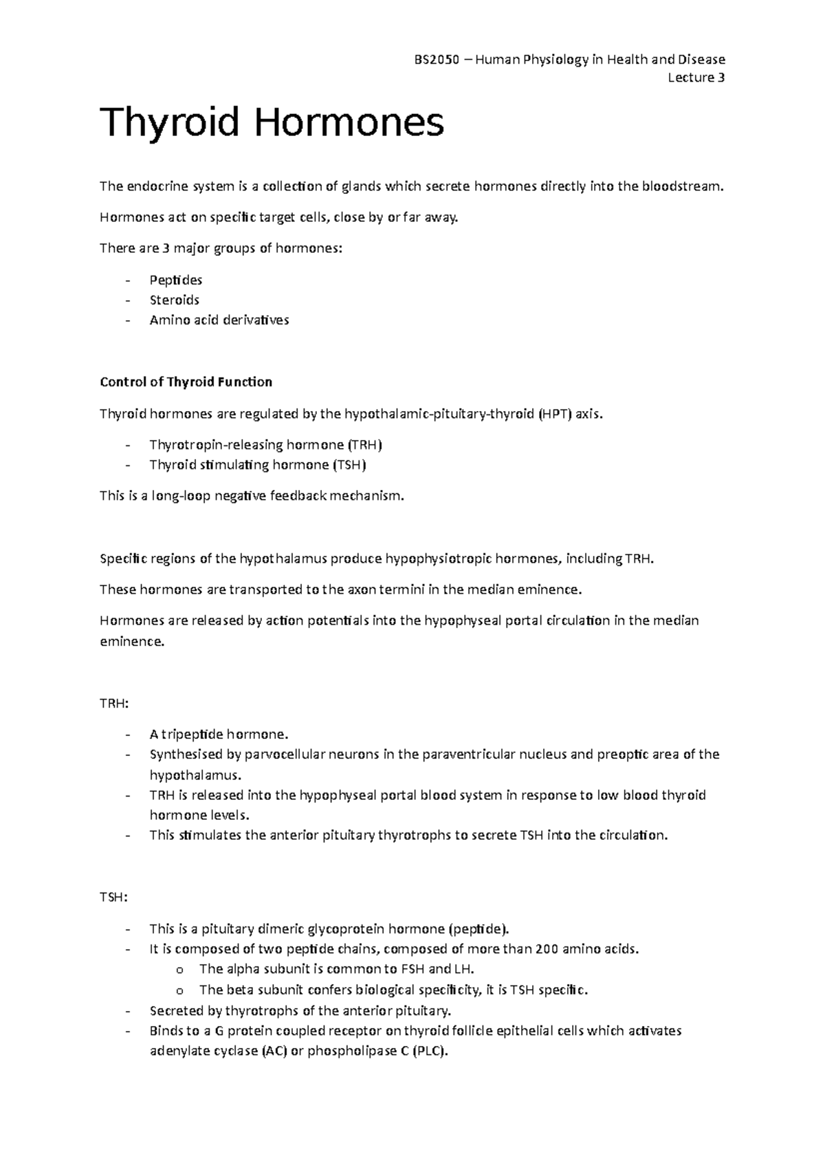 3 - Thyroid Hormones - Lecture notes 3 - BS2050 – Human Physiology in ...