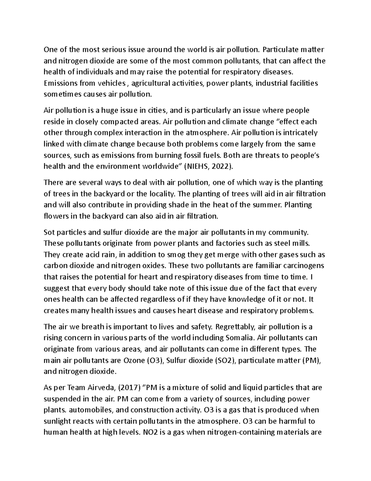 Written Assignment Unit 6 ENVS 1301 subm - One of the most serious issue around the world is air ...