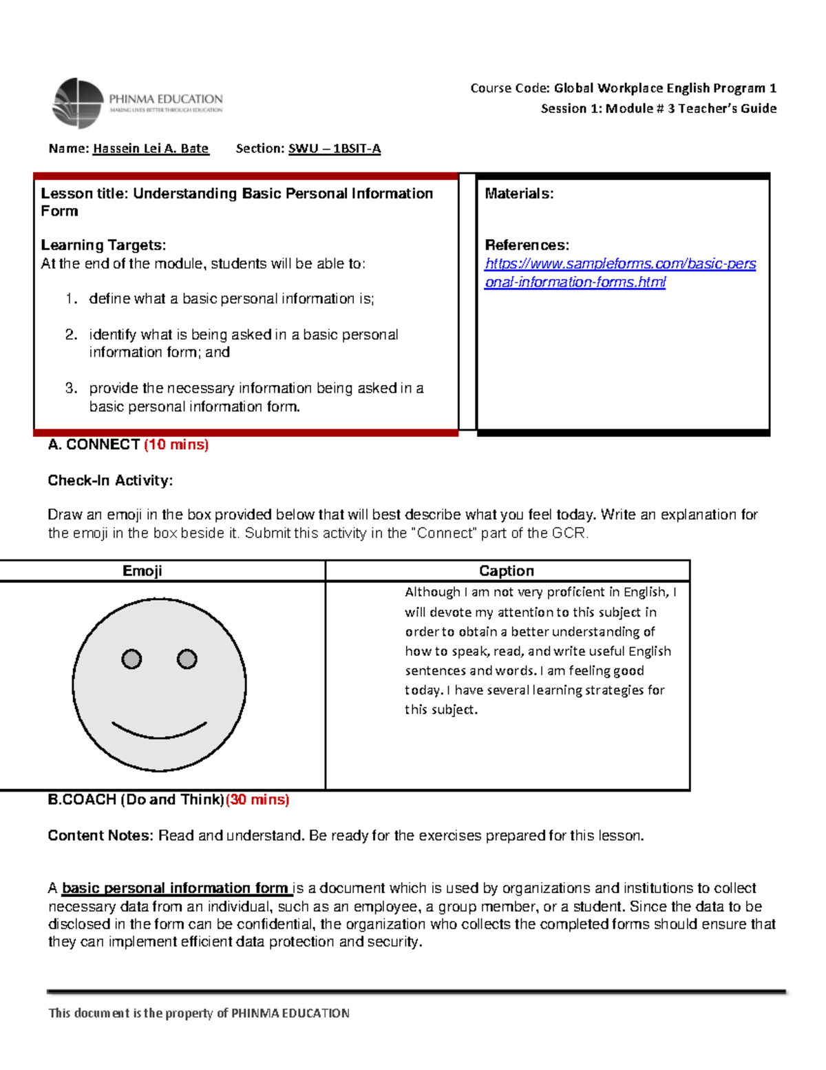 S1SAS3 Understanding Basic Personal Information FORM - Session 1 ...