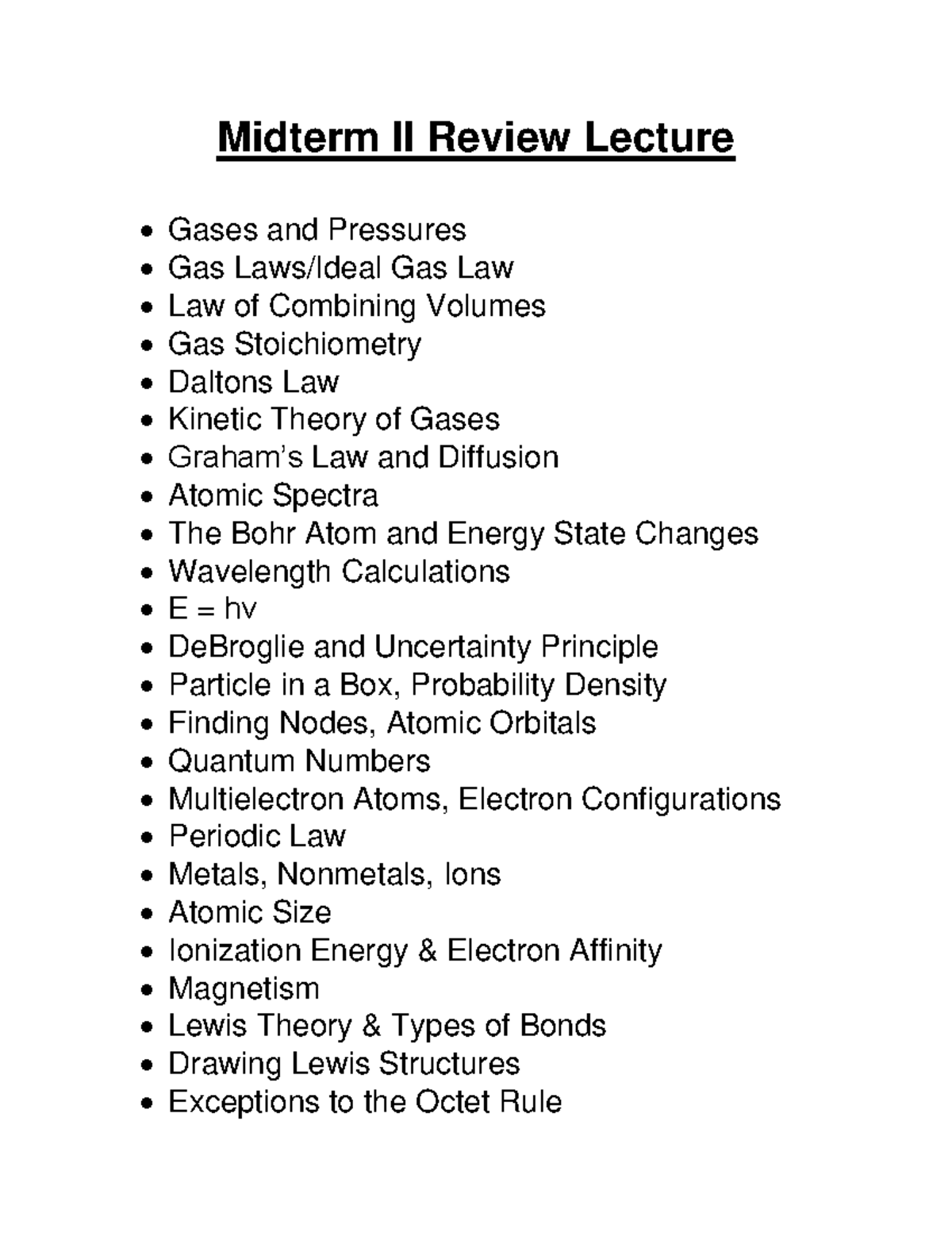 Midterm II Review 2A W2020 - Midterm II Review Lecture Gases and Pressures Gas Laws/Ideal Gas ...