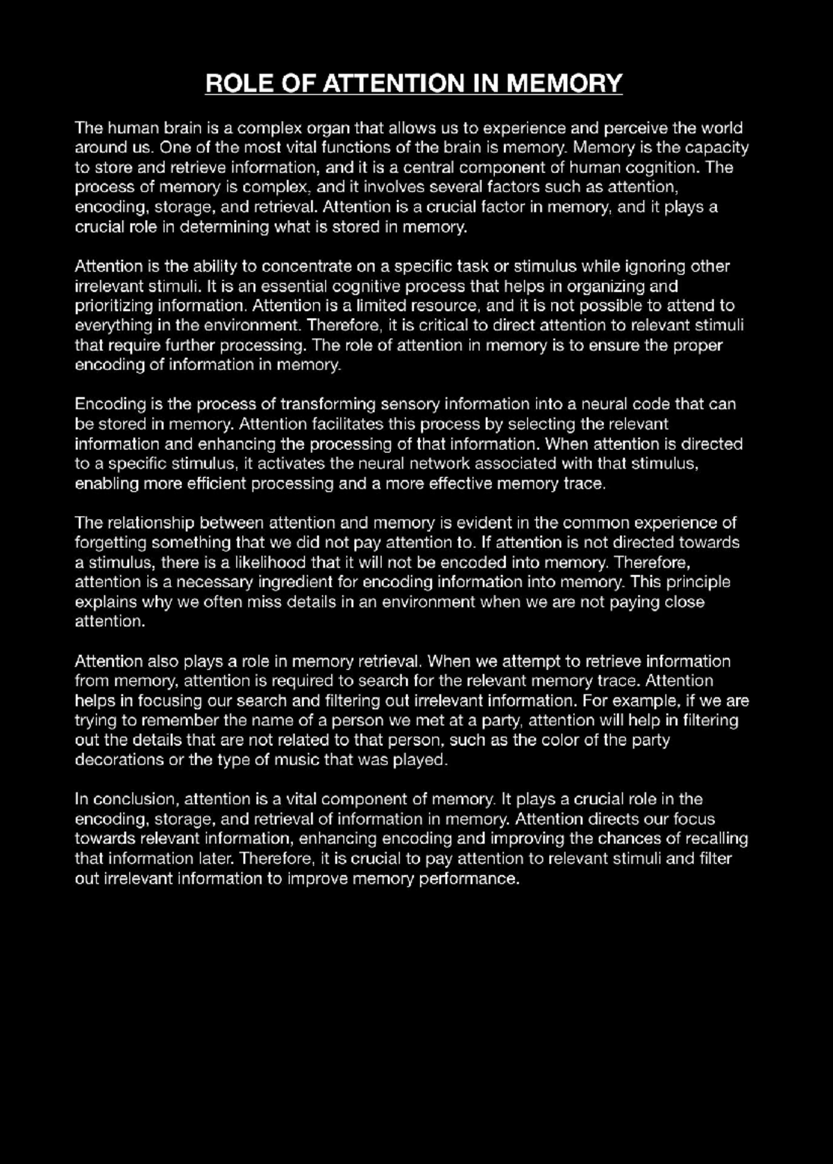 Essay: Role of Attention in Memory - 8638 - Studocu