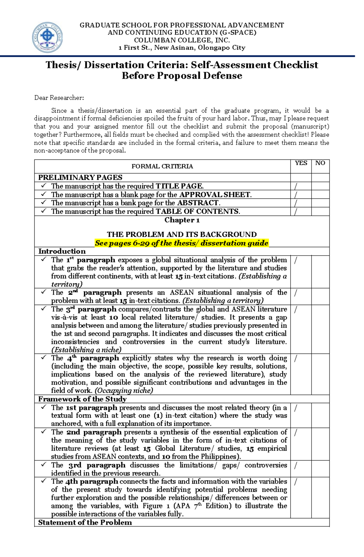 SELF- Assessment Checklist Before Proposal Defense - AND CONTINUING ...