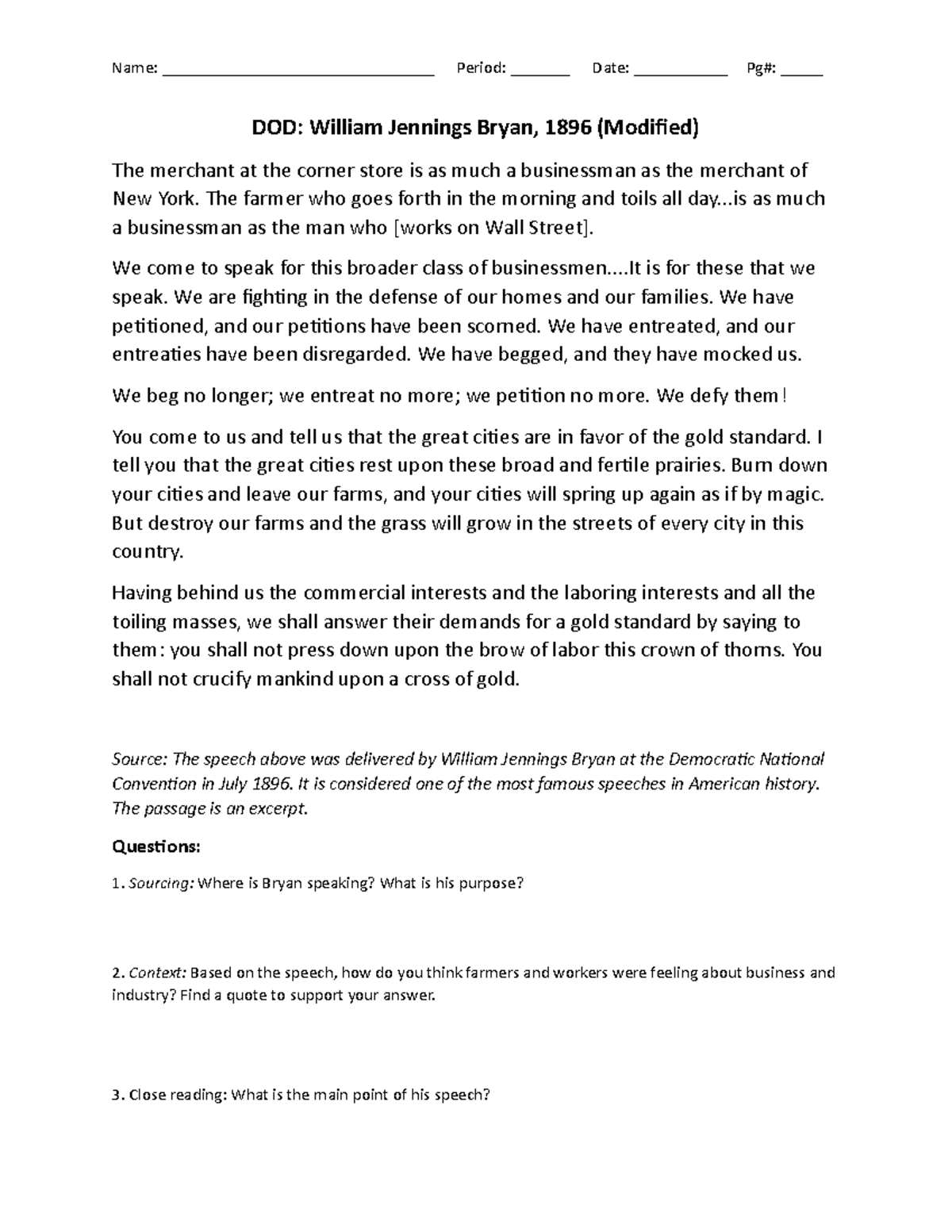 10-24, 25 William Jennings Bryan Reading - Name ...