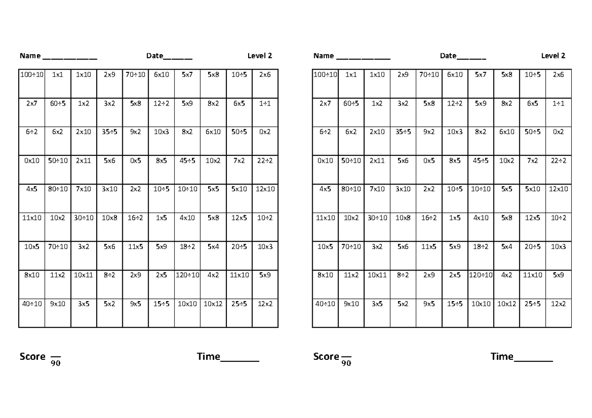 Level-2 - coursework from my class. - Name _____________ Score Time ...