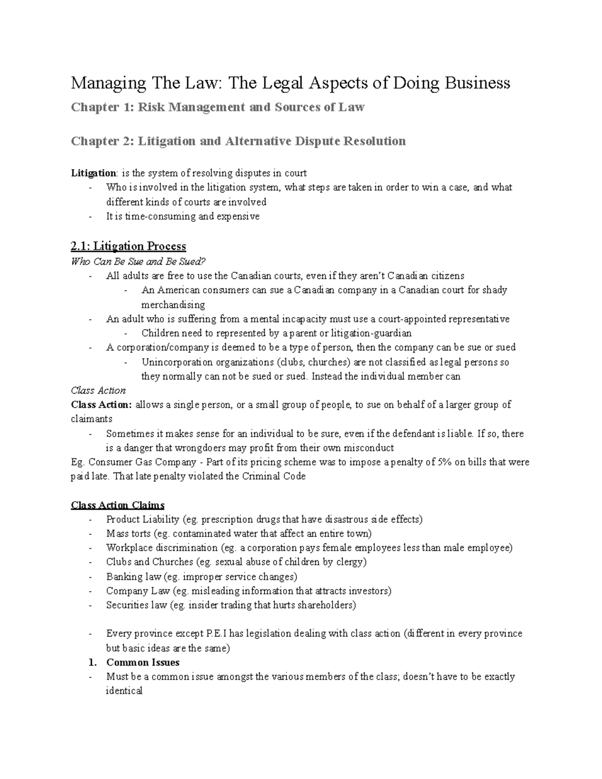 LAW 122 Textbook Notes - Managing The Law: The Legal Aspects of Doing ...