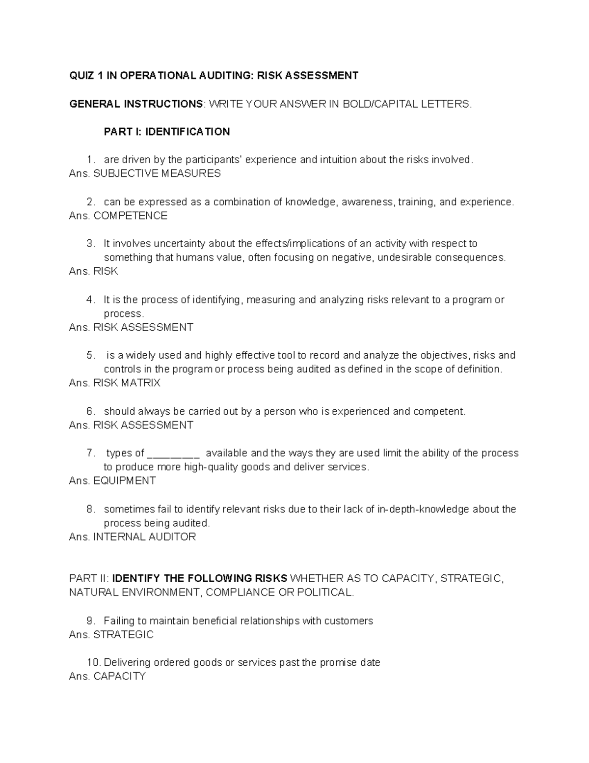 QUIZ 1 IN OPE - Prof elect - QUIZ 1 IN OPERATIONAL AUDITING: RISK ...