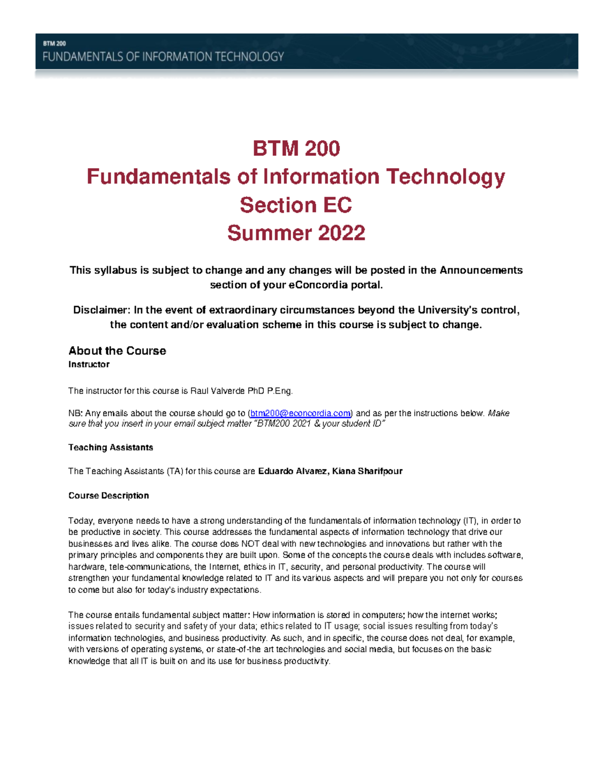 Course outline - BTM 200 Fundamentals of Information Technology Section ...