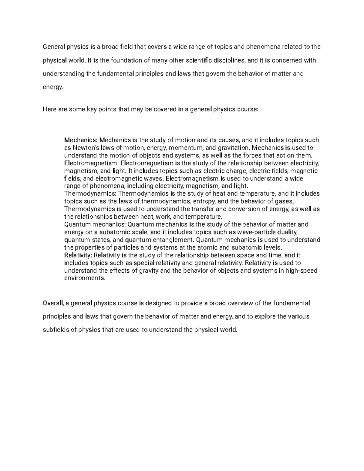 Letter 14 - notes - General physics is a broad field that covers a wide ...