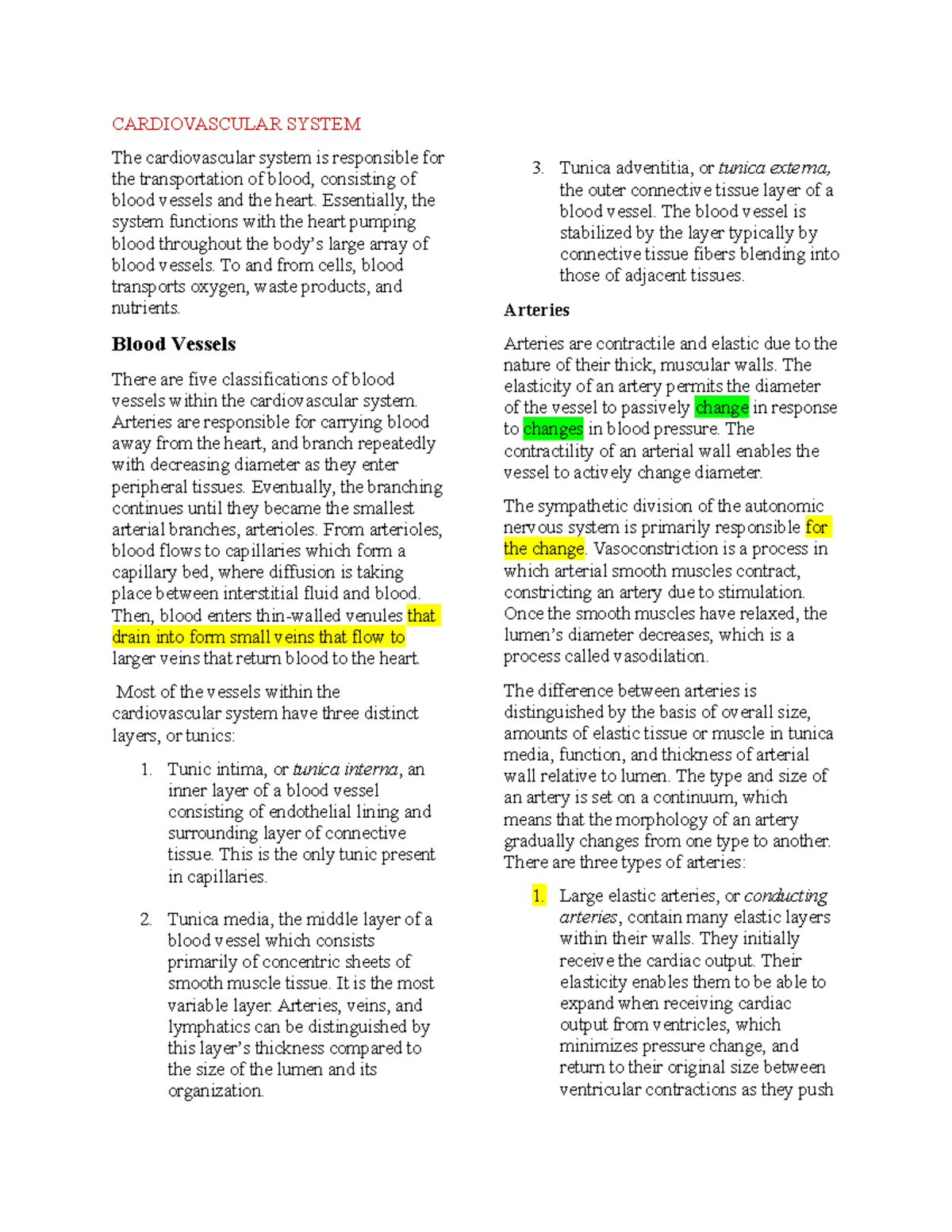 Cardiovascular System Summary - CARDIOVASCULAR SYSTEM The ...