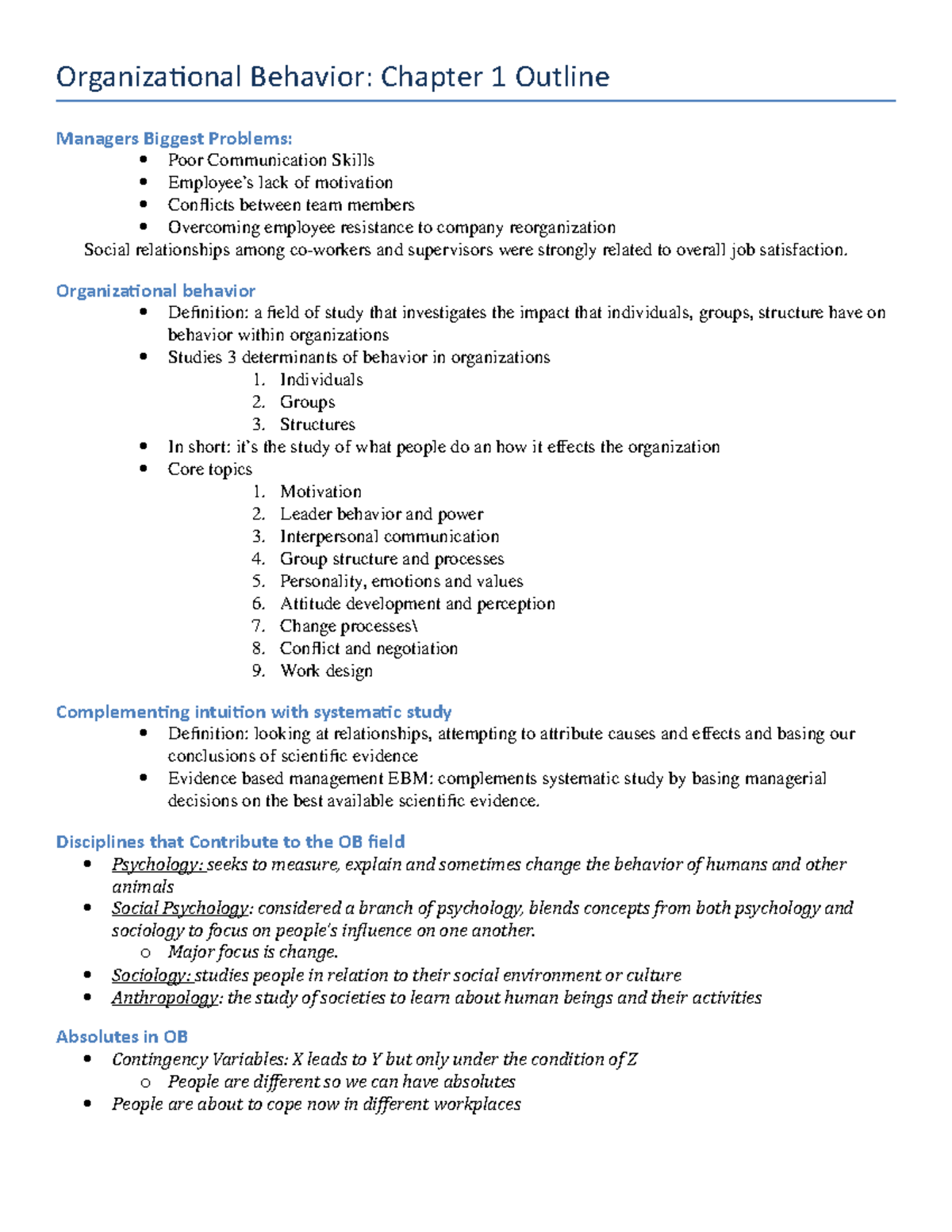 Organizational Behavior outline 1 - Organizational Behavior: Chapter 1 ...