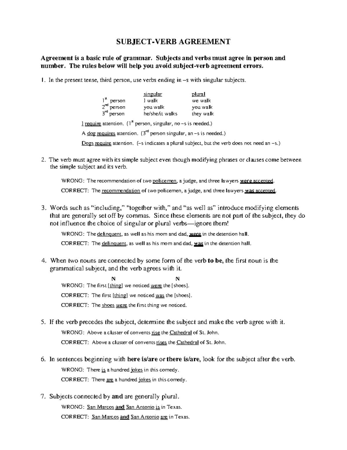 Subject-Verb Agreement - SUBJECT-VERB AGREEMENT Agreement is a basic ...