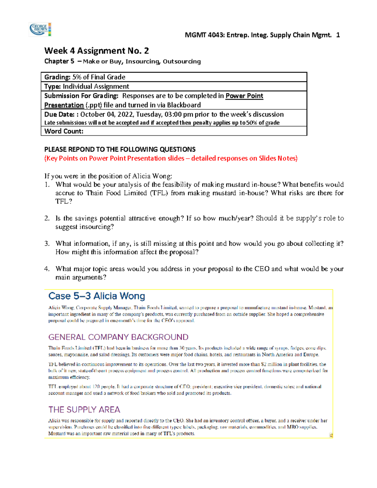 Week 4- Assignment no. 2 012022 Rev0 - MGMT 4043: Entrep. Integ. Supply ...