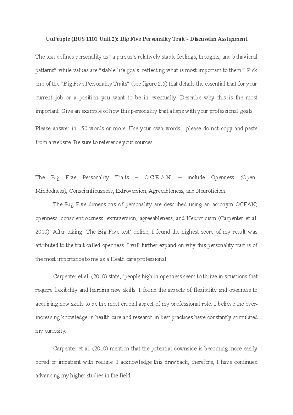 Uo People (BUS 1101 Unit 2) Big Five Personality Trait - Discussion ...