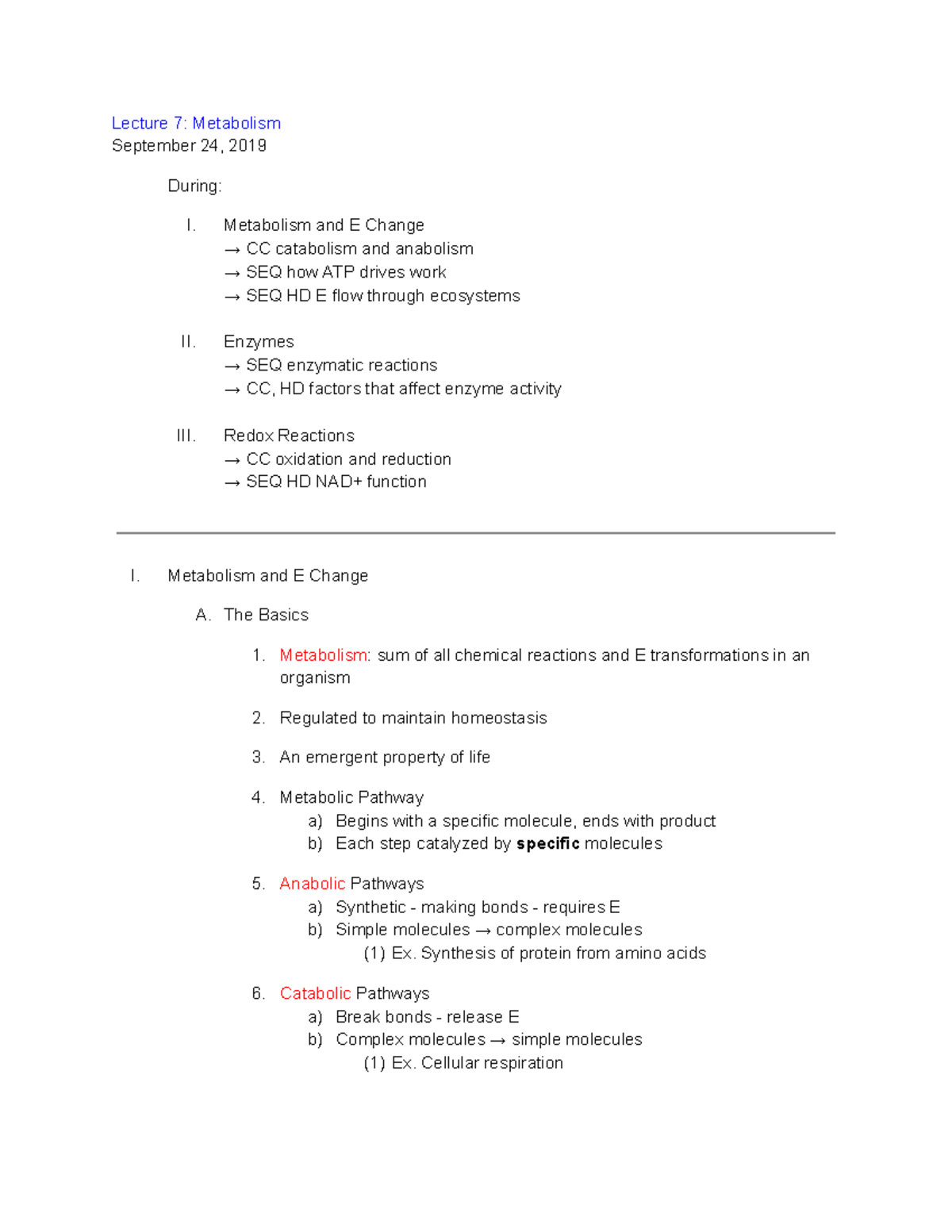 Metabolism - Lecture notes 7 - Lecture 7: Metabolism September 24, 2019 ...