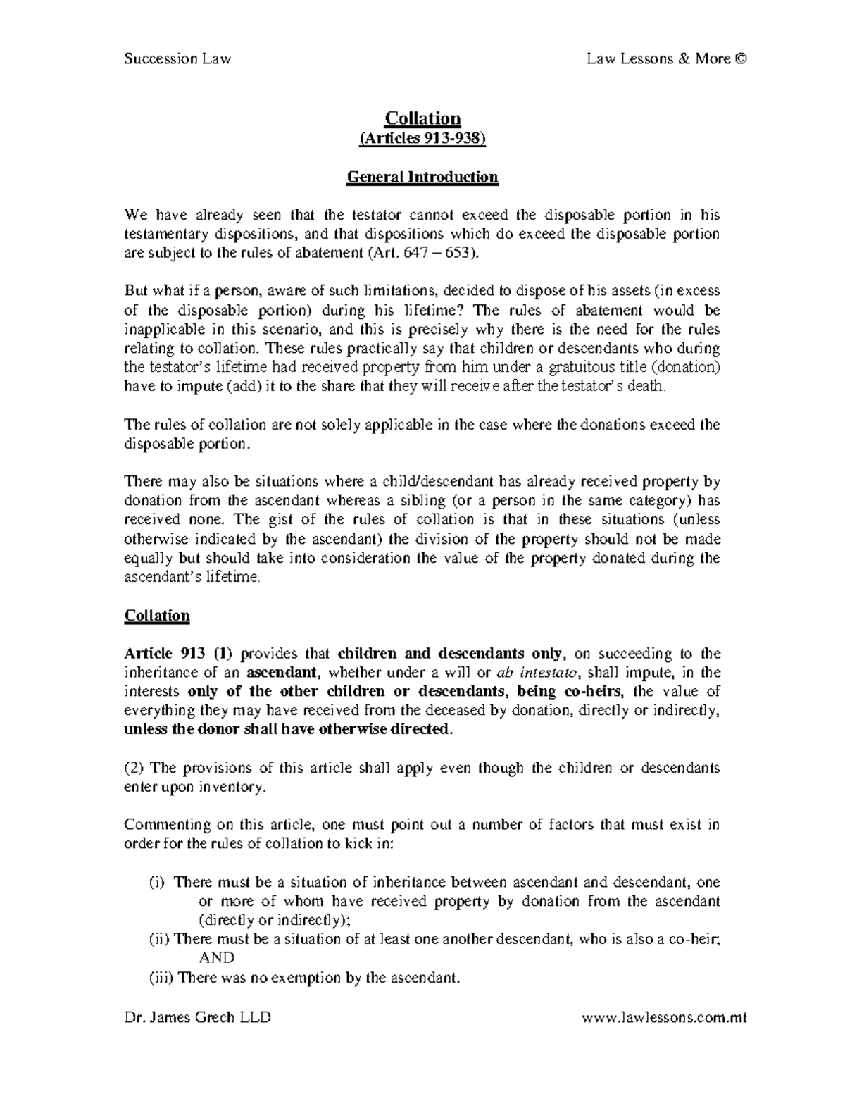 Law Lessons - Notes - Collation - Succession Law Law Lessons More ...