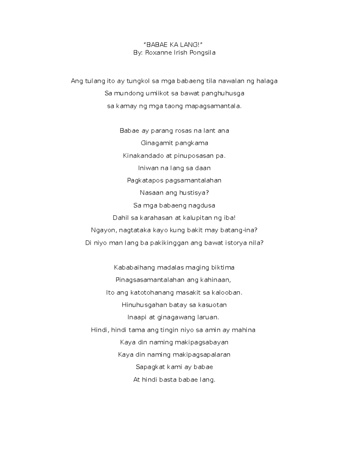 Babae KA LANG (spoken poetry) - “BABAE KA LANG!” By: Roxanne Irish ...